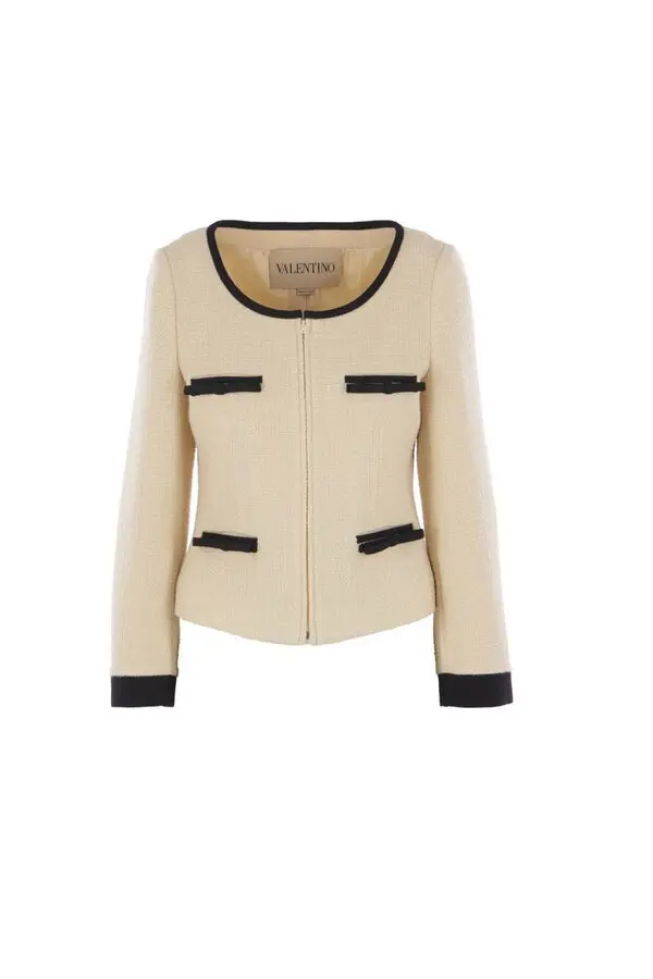 Valentino Garavani Plain Wool Tweed Jacket - Almond+black