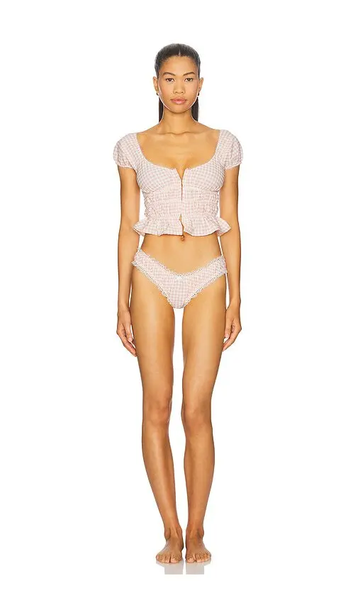 For Love & Lemons Petal Gingham Thong Panty In Blush