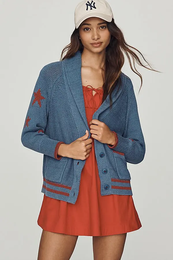 Maeve Shawl Collar American Flag Cardigan Sweater - Blue Pattern