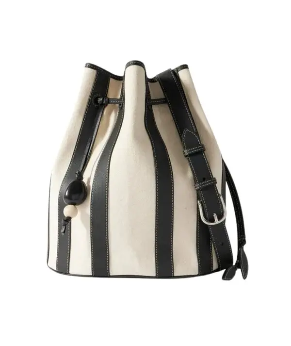 HUNTING SEASON Extra Large Drawstring Leather-trimmed Striped Canvas Bucket Bag - Black