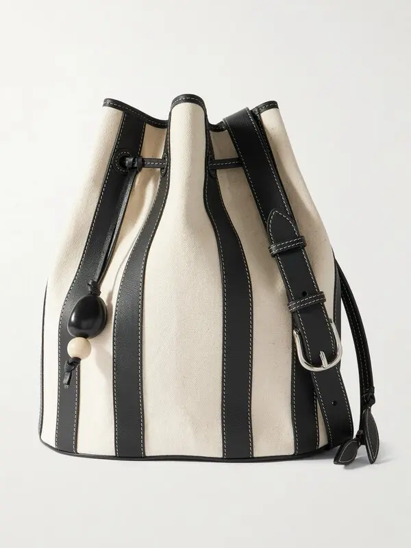 HUNTING SEASON Extra Large Drawstring Leather-trimmed Striped Canvas Bucket Bag