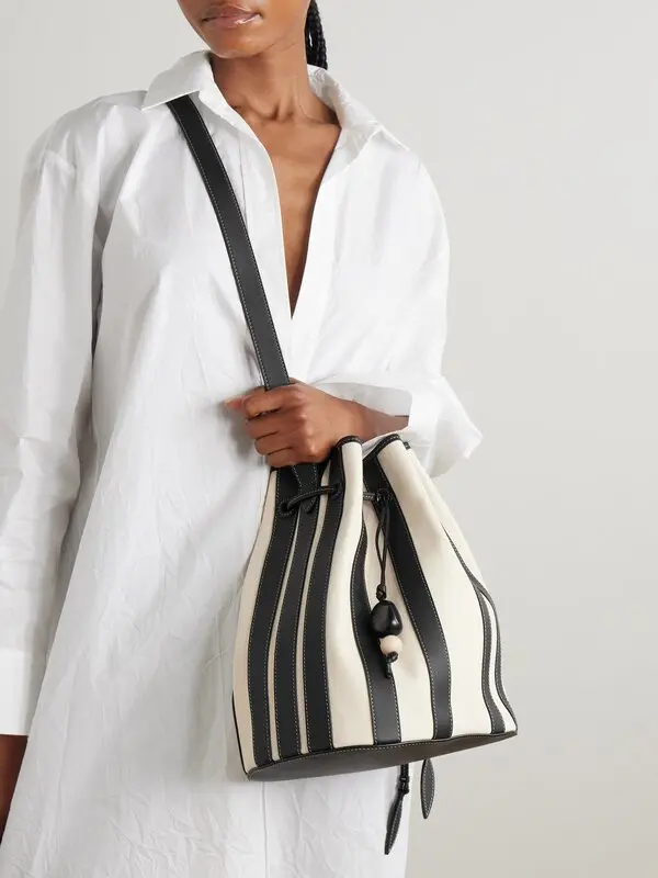 HUNTING SEASON Extra Large Drawstring Leather-trimmed Striped Canvas Bucket Bag