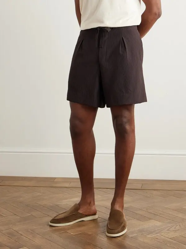 STOFFA Straight-leg Pleated Wool-seersucker Shorts - Brown
