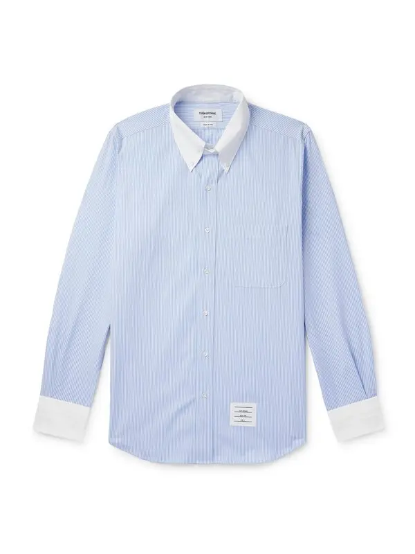 Thom Browne Button-down Collar Logo-appliquéd Striped Cotton-poplin Shirt - Blue