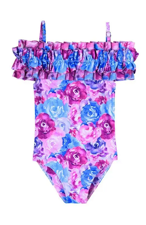 MIA BELLE GIRLS Floral Ruffle One-piece Swimsuit - Purple