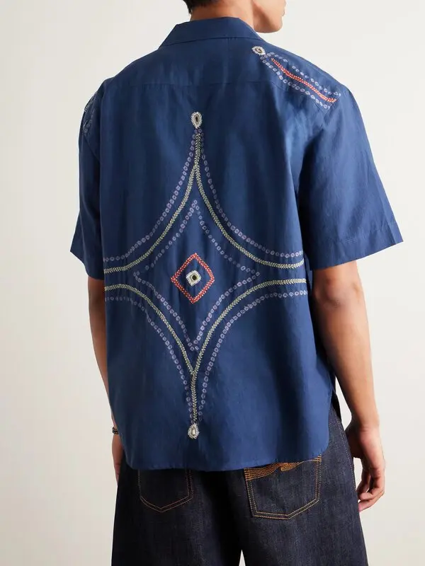KARDO Ronen Convertible-collar Embroidered Printed Cotton-khadi Shirt - Blue