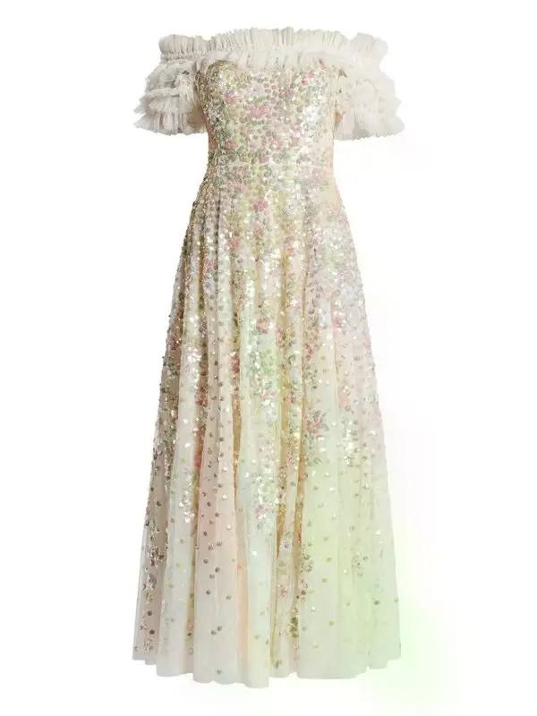 NEEDLE & THREAD Sequin-embellished Off-shoulder Dress