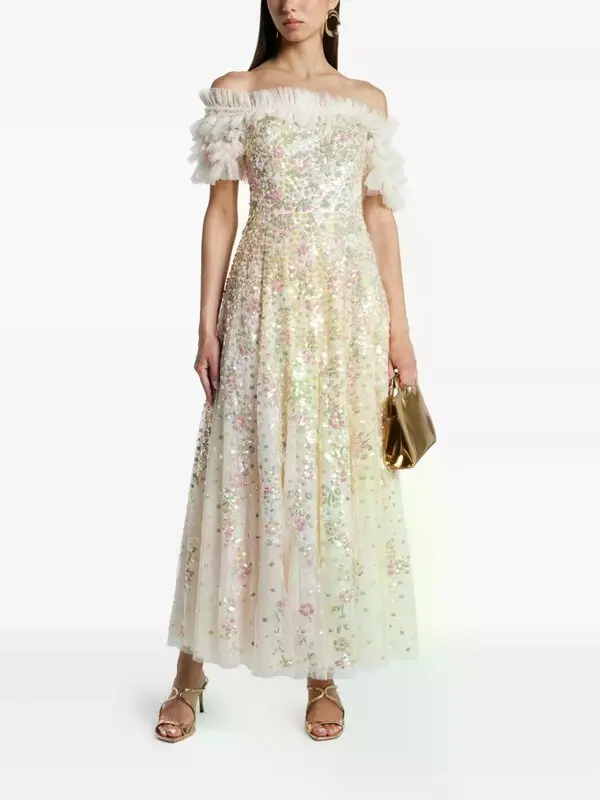 NEEDLE & THREAD Sequin-embellished Off-shoulder Dress