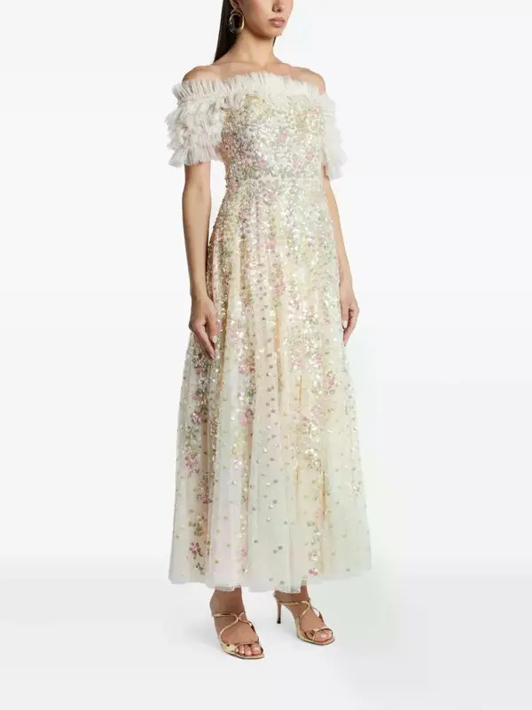 NEEDLE & THREAD Sequin-embellished Off-shoulder Dress