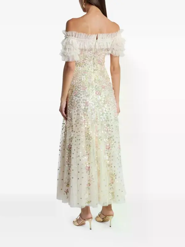 NEEDLE & THREAD Sequin-embellished Off-shoulder Dress