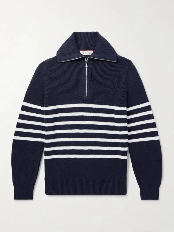 Brunello Cucinelli Striped Ribbed Cotton Half-zip Sweater