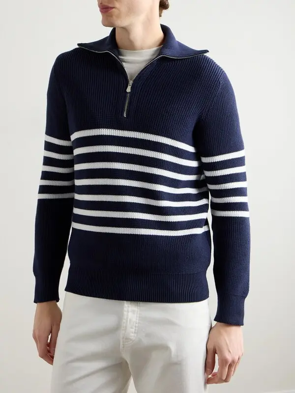 Brunello Cucinelli Striped Ribbed Cotton Half-zip Sweater