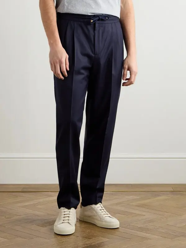 Brunello Cucinelli Tapered Pleated Virgin Wool-flannel Drawstring Trousers - Blue