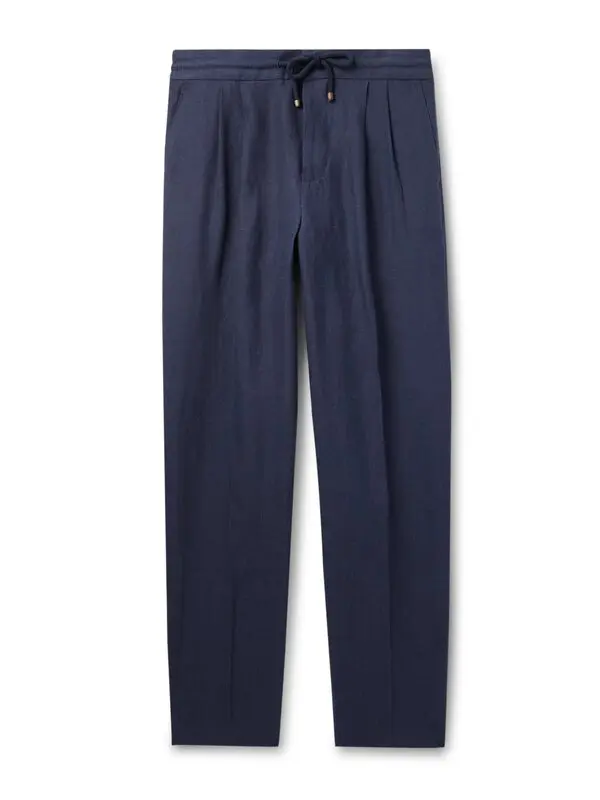 Brunello Cucinelli Tapered Pleated Linen Drawstring Trousers - Blue