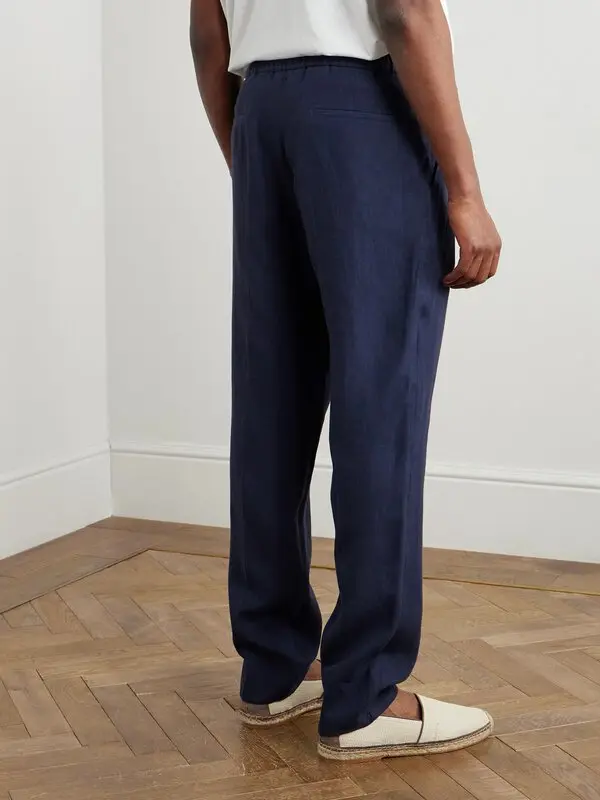 Brunello Cucinelli Tapered Pleated Linen Drawstring Trousers - Blue
