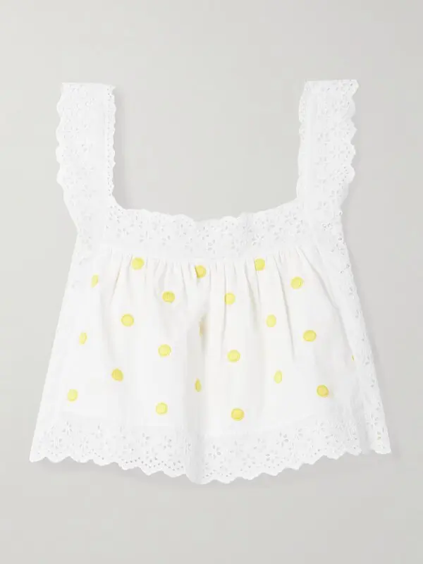 Loretta Caponi Fiocchini Broderie Anglaise-trimmed Polka-dot Cotton-poplin Top - White