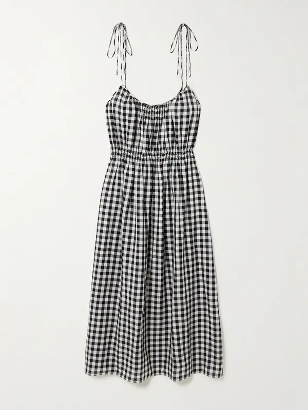 DÔEN Leslie Tie-detailed Smocked Gingham Voile Midi Dress - Black