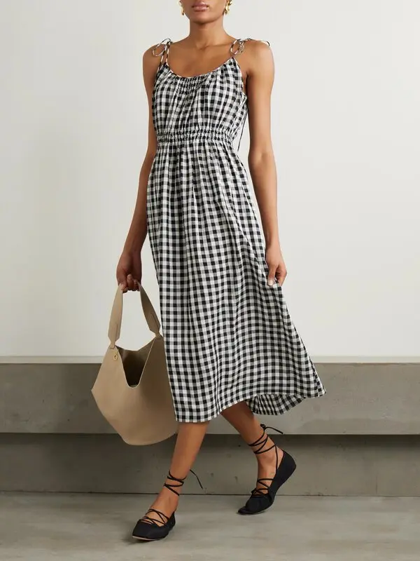 DÔEN Leslie Tie-detailed Smocked Gingham Voile Midi Dress - Black