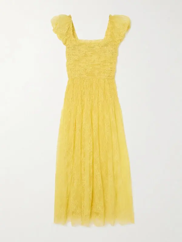 DÔEN Pamelina Ruffled Shirred Lace Midi Dress
