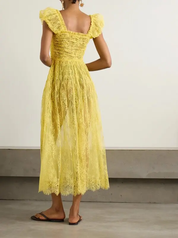 DÔEN Pamelina Ruffled Shirred Lace Midi Dress