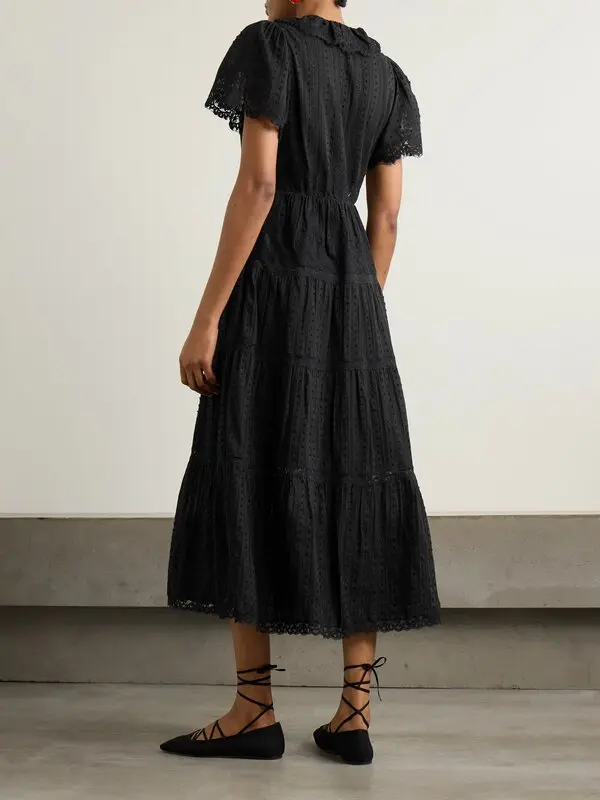 DÔEN Gabriella Ruffled Tiered Lace-trimmed Point D'esprit Cotton Dress
