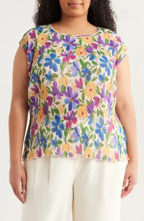 TAHARI ASL Floral Plissé Cap Sleeve Top - Sand Jungle
