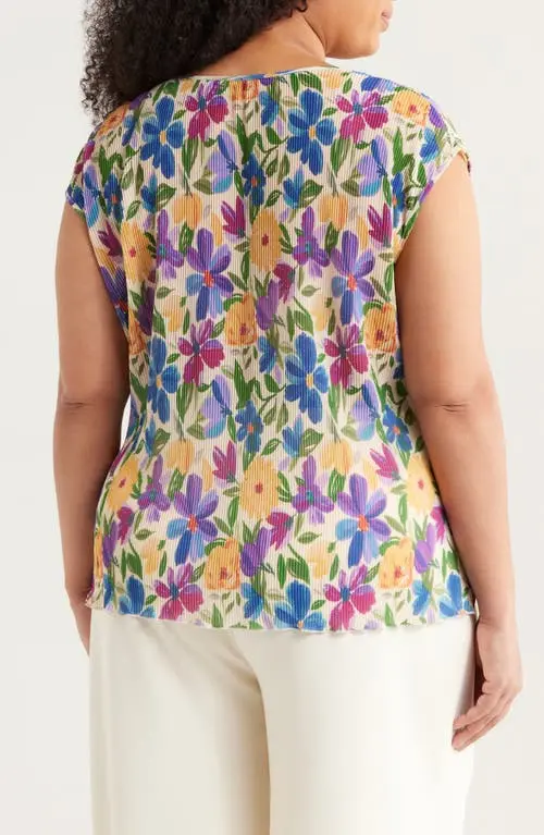 TAHARI ASL Floral Plissé Cap Sleeve Top - Sand Jungle