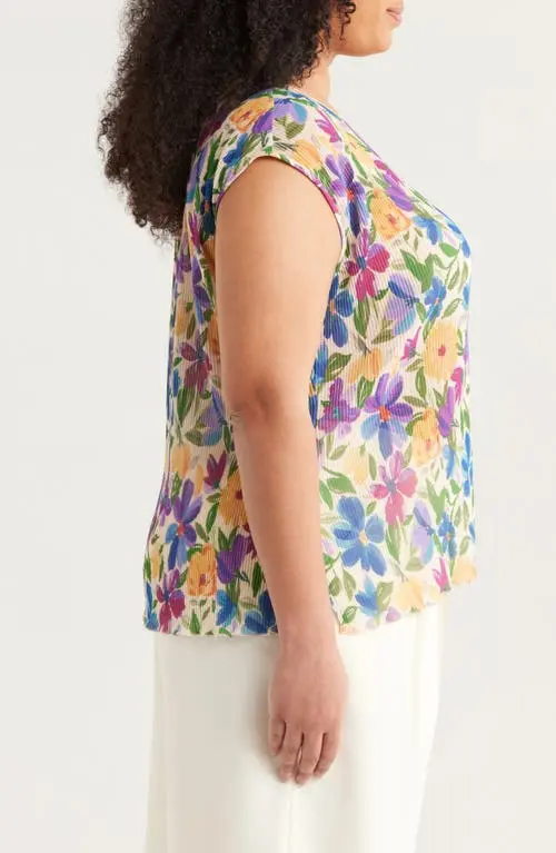 TAHARI ASL Floral Plissé Cap Sleeve Top - Sand Jungle