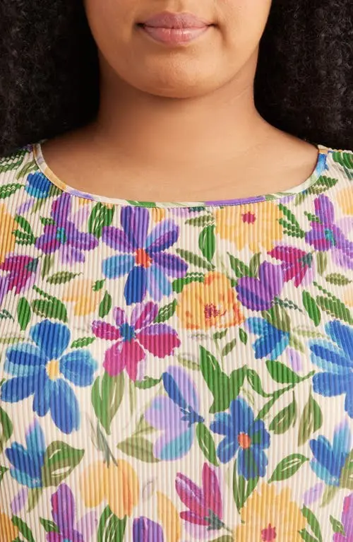 TAHARI ASL Floral Plissé Cap Sleeve Top - Sand Jungle