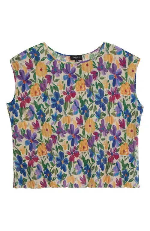TAHARI ASL Floral Plissé Cap Sleeve Top - Sand Jungle