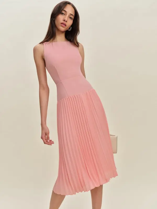 REFORMATION Sleeveless High Neck Midi Dress With Drop Waist And Pleated Skirt