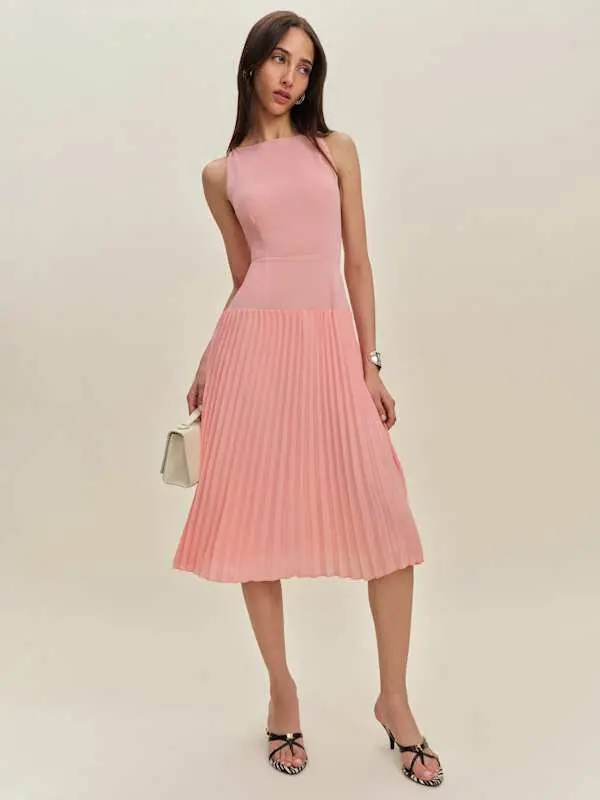 REFORMATION Sleeveless High Neck Midi Dress With Drop Waist And Pleated Skirt