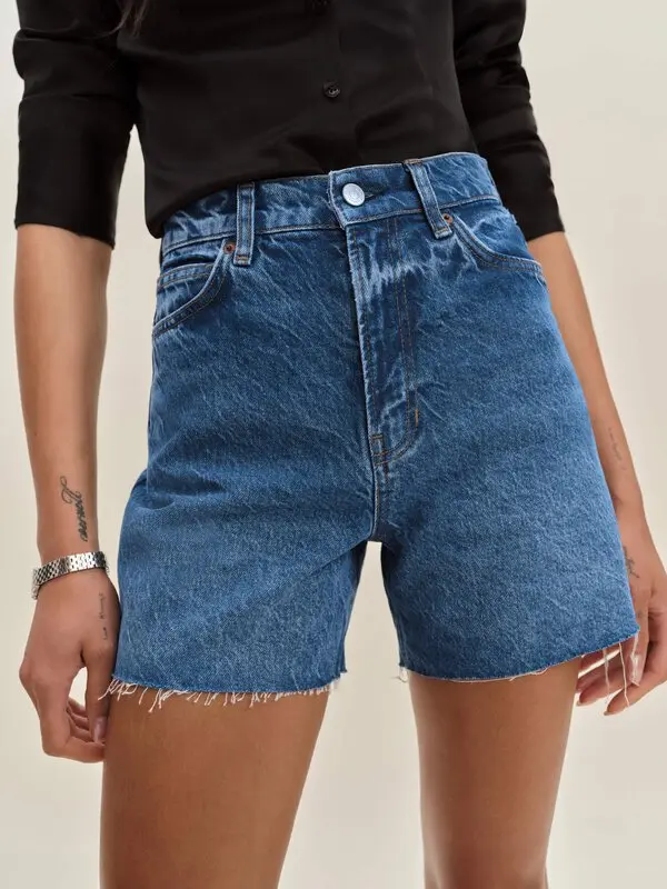 REFORMATION Saige High Rise 4" Jean Shorts - Blue