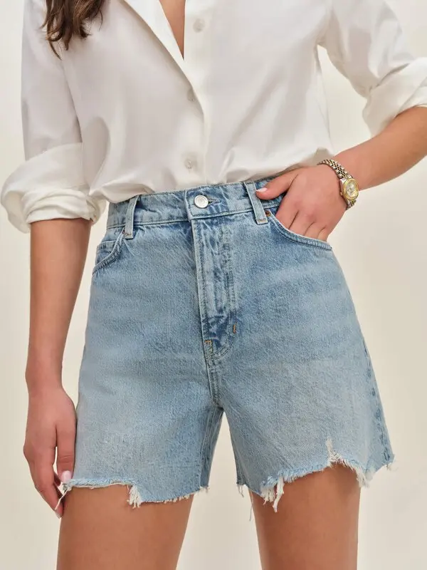 REFORMATION Saige High Rise 4" Jean Shorts - Blue