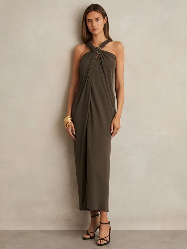 REISS Eliza Gathered Neck Jersey Midi Dress