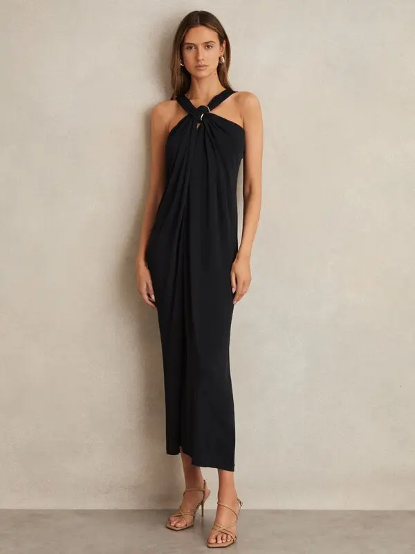 REISS Eliza Gathered Neck Jersey Midi Dress - Navy