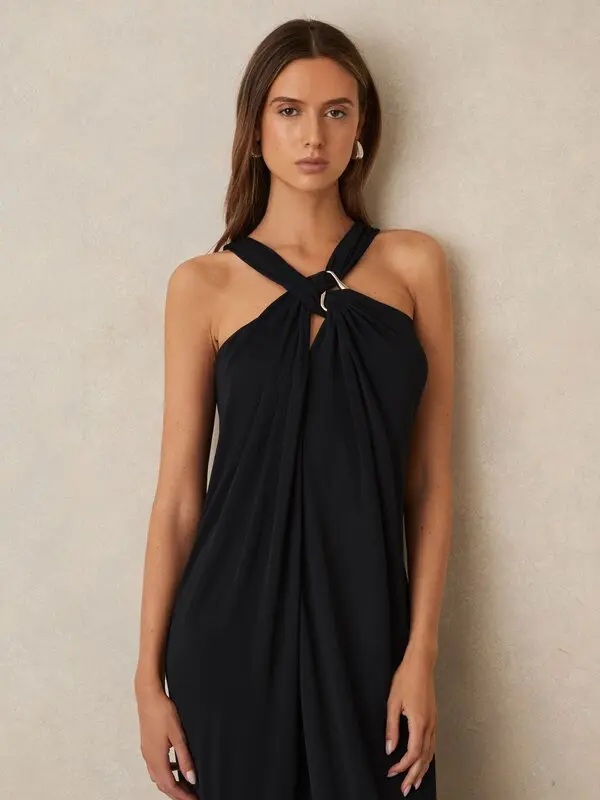 REISS Eliza Gathered Neck Jersey Midi Dress - Navy