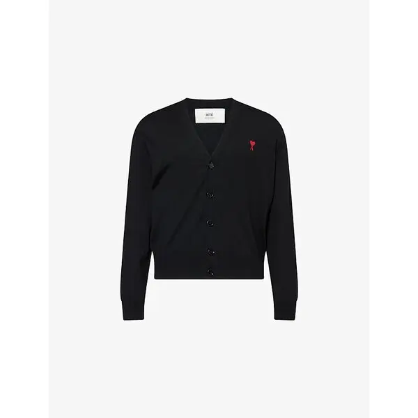 AMI Paris Brand-embroidered V-neck Wool Cardigan