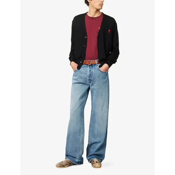 AMI Paris Brand-embroidered V-neck Wool Cardigan