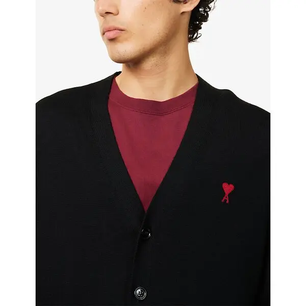AMI Paris Brand-embroidered V-neck Wool Cardigan
