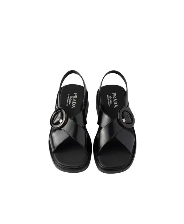 Prada Brushed Leather Buckle Sandals - Black
