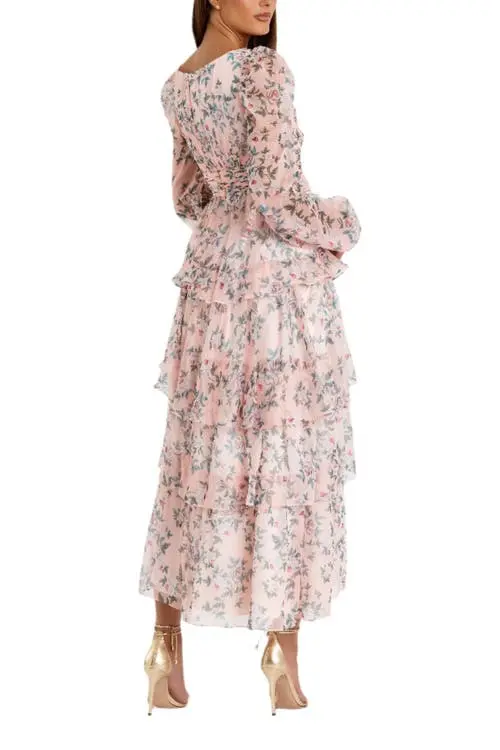 Mac Duggal Puff Sleeve Floral Printed Midi Dress - Blush Multi