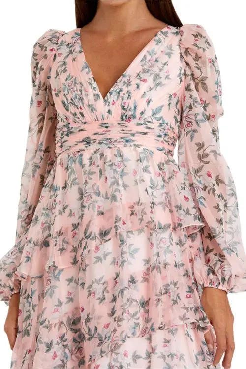 Mac Duggal Puff Sleeve Floral Printed Midi Dress - Blush Multi