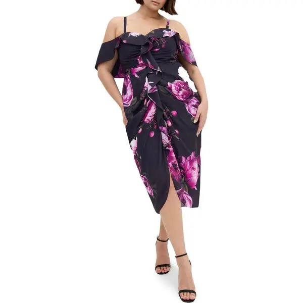 City Chic Off-the-shoulder Floral Print Midi Dress