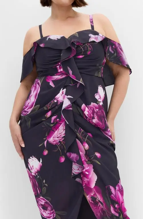 City Chic Off-the-shoulder Floral Print Midi Dress