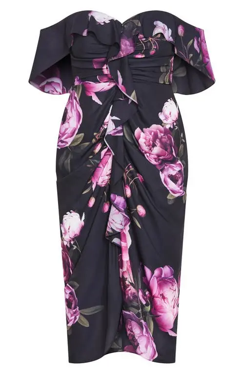 City Chic Off-the-shoulder Floral Print Midi Dress