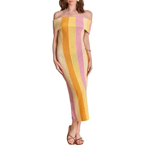 Endless Rose Off-the-shoulder Striped Knit Dress - Sunrise