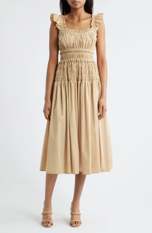 Anne Klein Smocked Ruffle Trim Midi Dress In Desert Tan - 30% Off |  Editorialist
