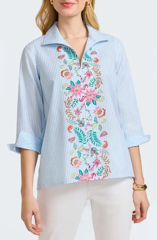 Foxcroft Striped Cotton Button-up Shirt With Floral Embroidery