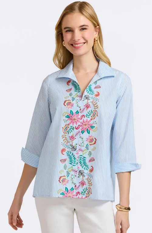 Foxcroft Striped Cotton Button-up Shirt With Floral Embroidery